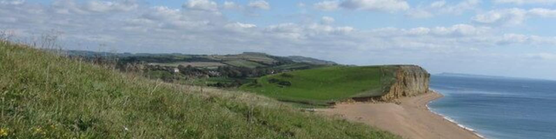 View from the coast path near Burton Freshwater, Dorset By getting close to the ground, I managed to hide the ugly caravan site nestling in the dip. The village of Burton Bradstock is just visible left of centre.