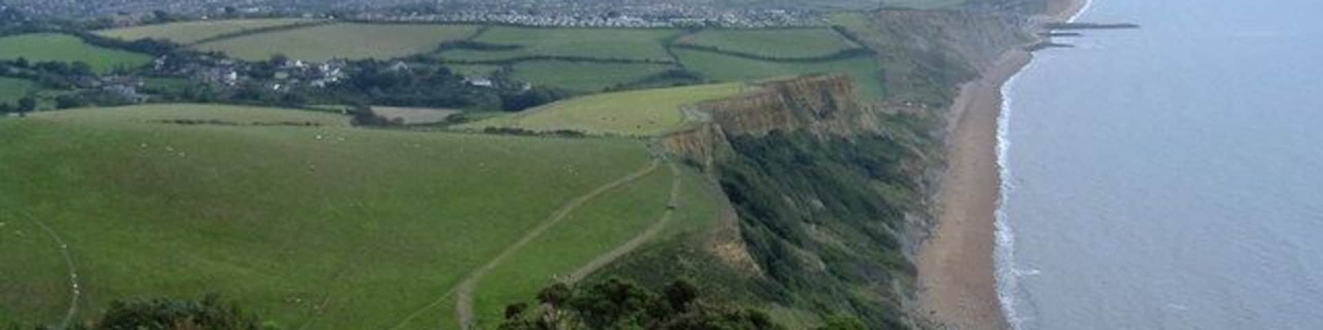 Paisagem costeira com penhascos, praia e campos verdes ondulantes.