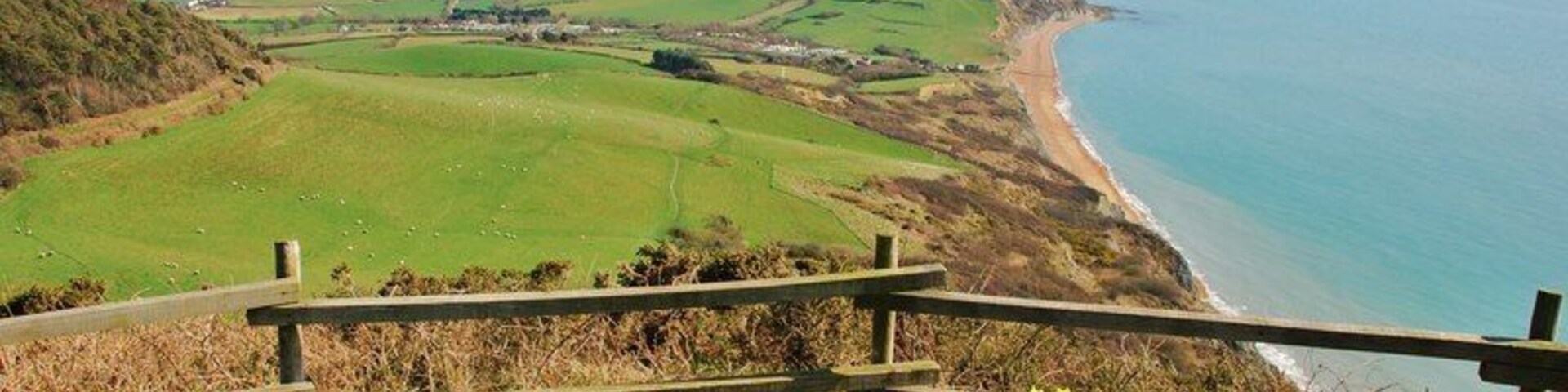 Golden Cap: highest point on the south coast of England. Photo taken from the Trig Point showing the view, from the plateaux, on top of Golden Cap Dorset.