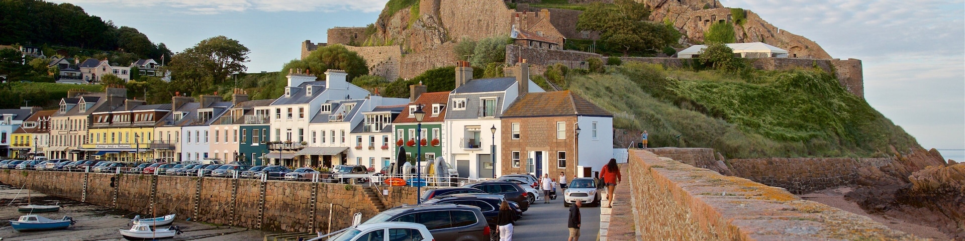 Gorey mostrando uma baía ou porto, um castelo e uma cidade litorânea