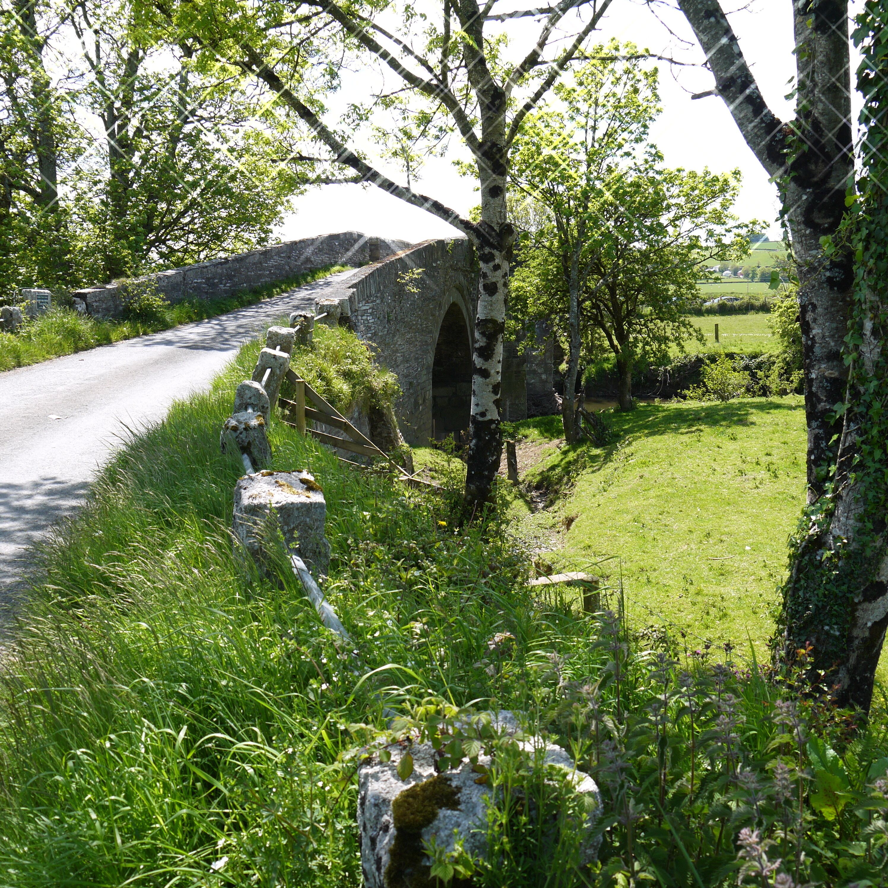 Uma ponte de pedra sobre uma estrada estreita, rodeada por vegetação exuberante e árvores.