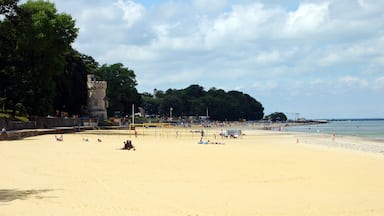 Uma praia arenosa com uma estrutura semelhante a um castelo à esquerda e um céu claro.