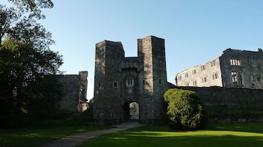 Um castelo histórico com uma torre central, um portão e muralhas ao redor.