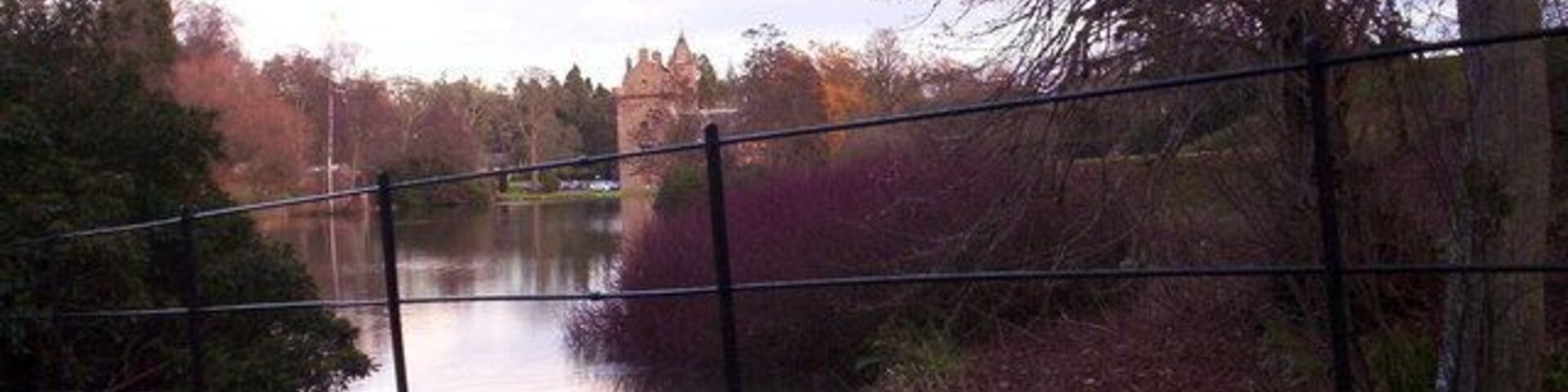 Um lago calmo com um castelo ao fundo, cercado por árvores e uma cerca de metal.