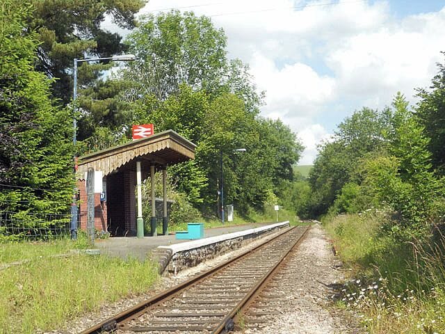 Estação ferroviária com abrigo, trilhos e vegetação ao redor.