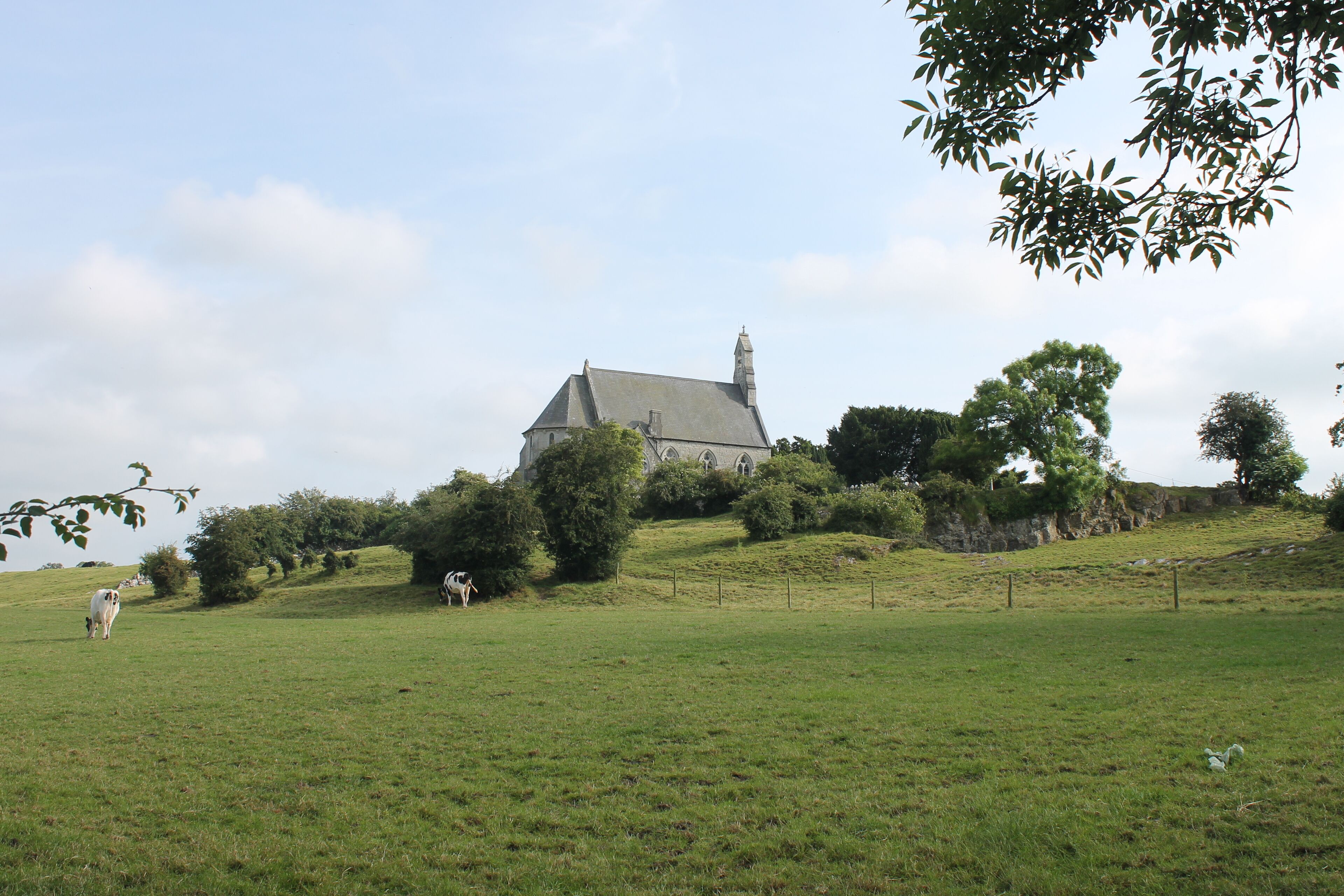 Paisagem rural com uma casa grande numa colina, rodeada por árvores e um campo relvado.