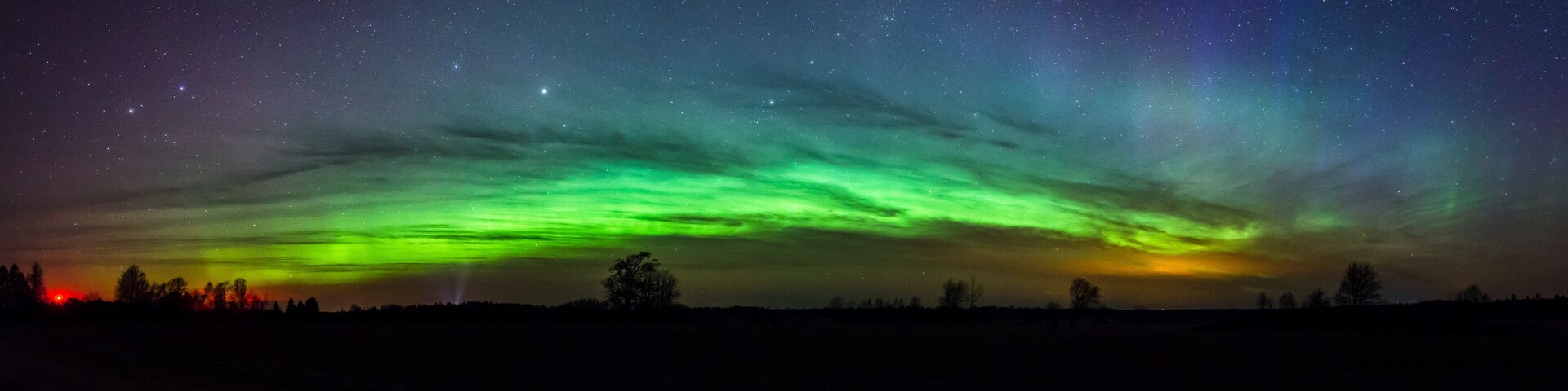 Céu noturno com a aurora boreal sobre uma paisagem florestal.