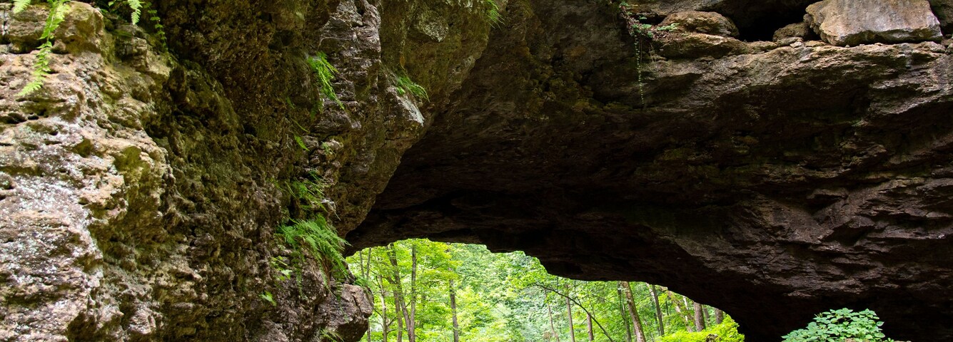 Formação natural de arco de pedra com uma trilha de terra passando por ele.