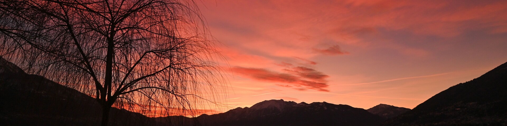 Pôr do sol sobre um lago, com montanhas ao fundo e uma árvore sem folhas em primeiro plano.
