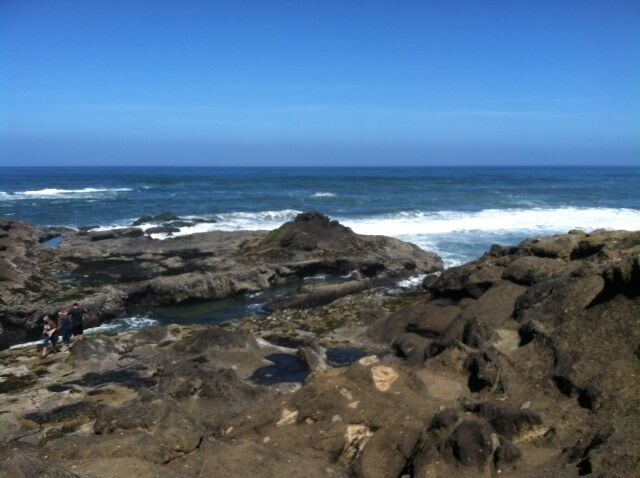 Litoral rochoso com ondas quebrando nas pedras.