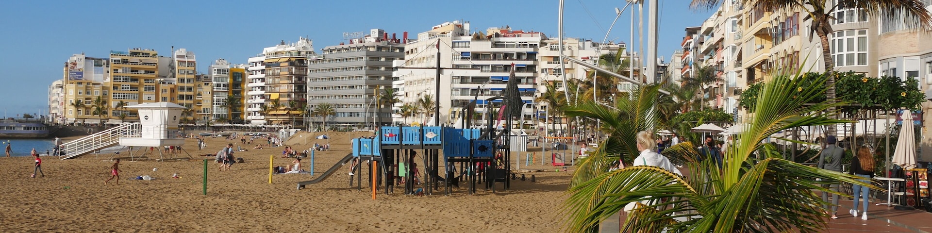 Uma praia arenosa com palmeiras, uma torre de salva-vidas e edifícios altos ao fundo.
