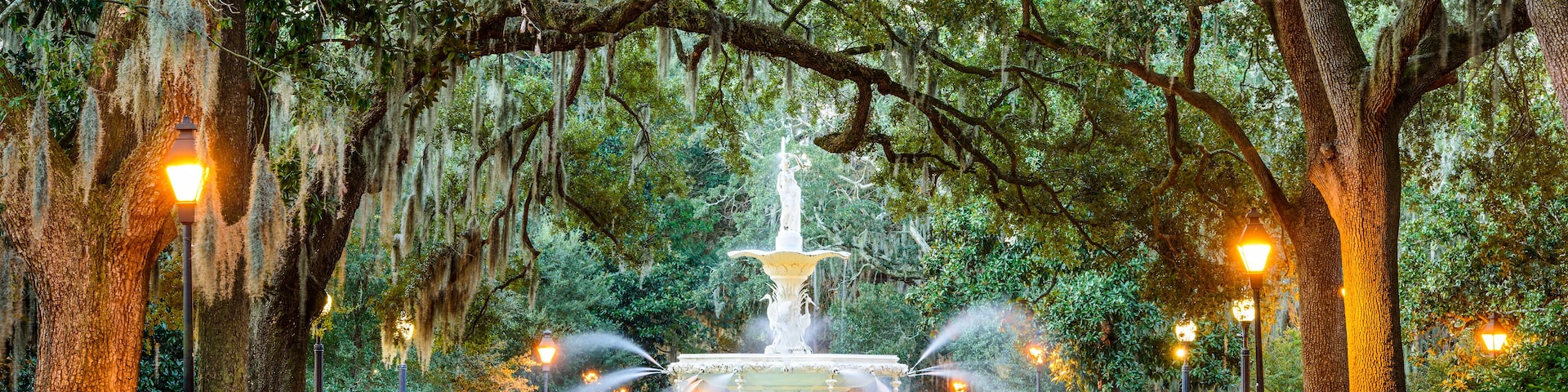Um parque com uma fonte, bancos e árvores com musgo espanhol.