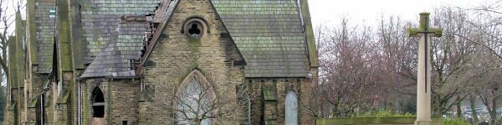 Ruined chapel at Gorton Cemetery This building has been used as a political football between conservationists and the local Council for years and years. Funeral mourners passing through the cemetery are bound to be shocked by the state of the place, and it is hardly a fitting background for the War Memorial.