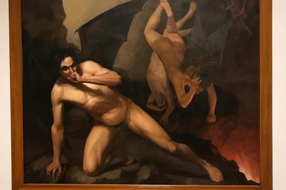Pintura clássica retratando duas figuras nuas, uma deitada no chão e outra em pé, em um cenário dramático e sombrio.