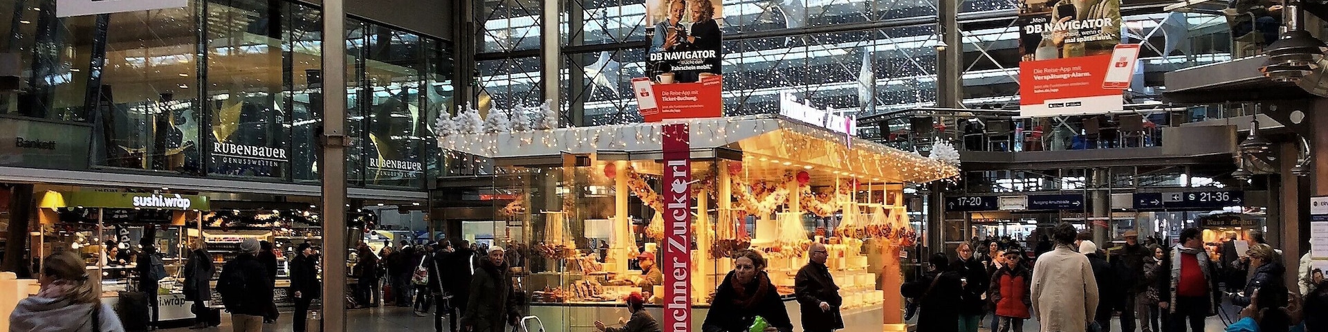 Munich Hauptbahnhof - The main lobby. Christmas lights all over