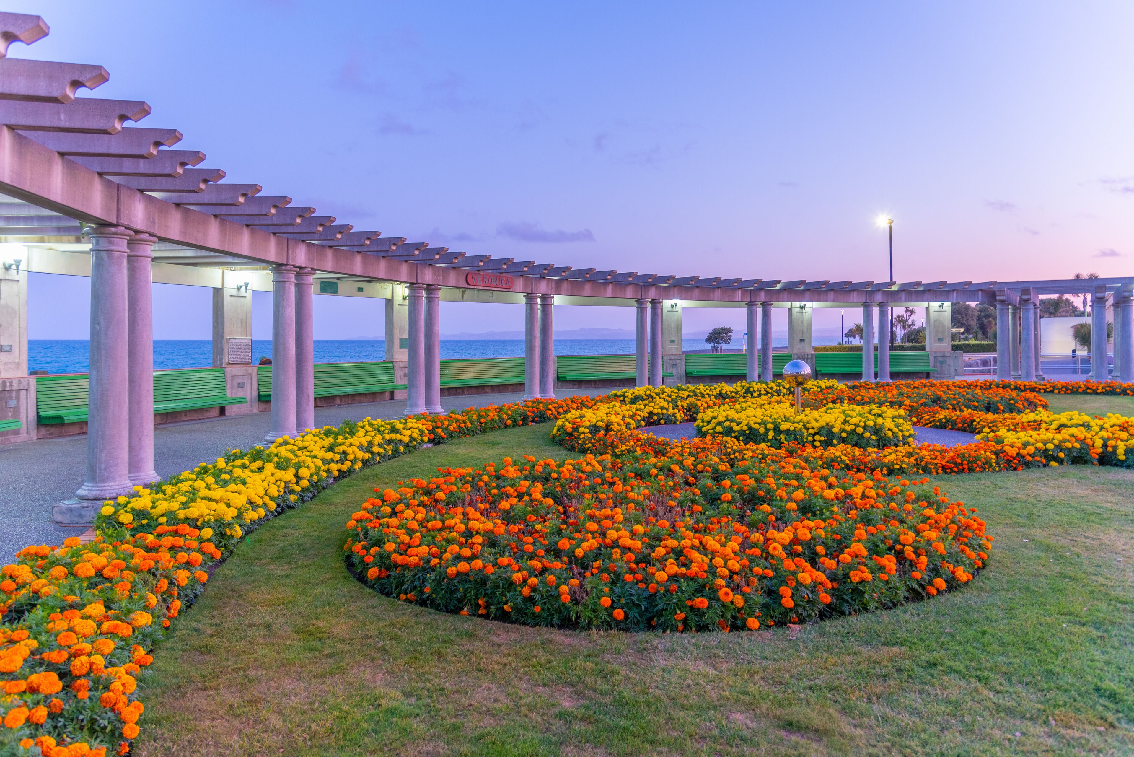 Um jardim com canteiros florais circulares e uma estrutura de pérgula.