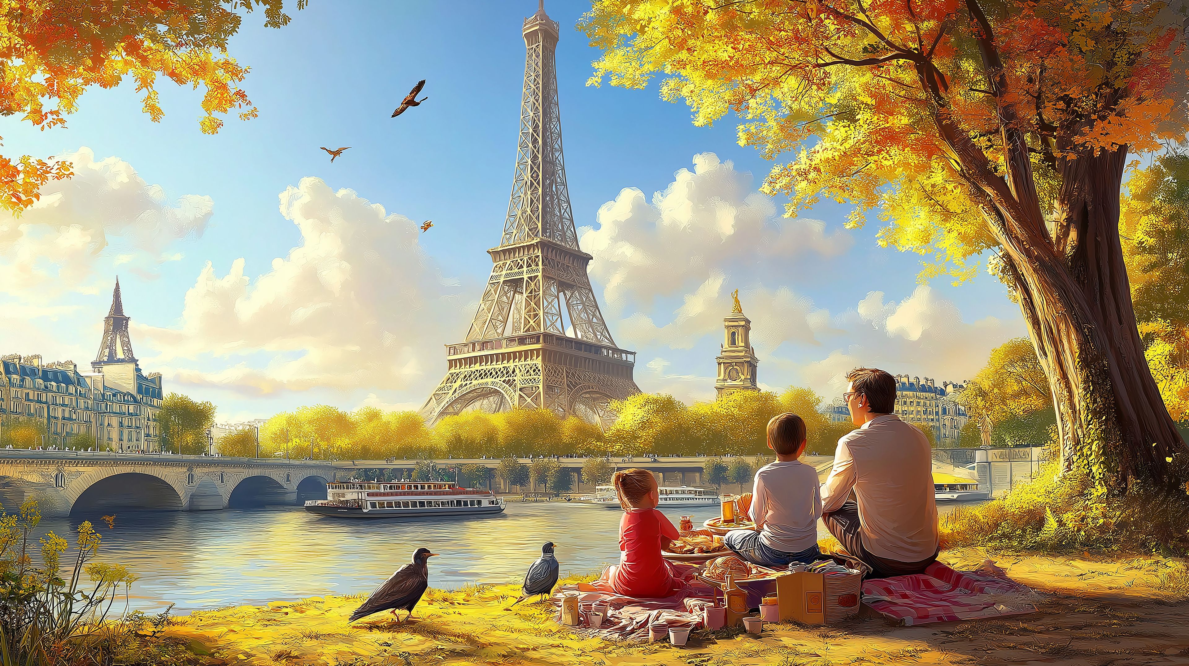 A Torre Eiffel, um rio e uma ponte em Paris.
