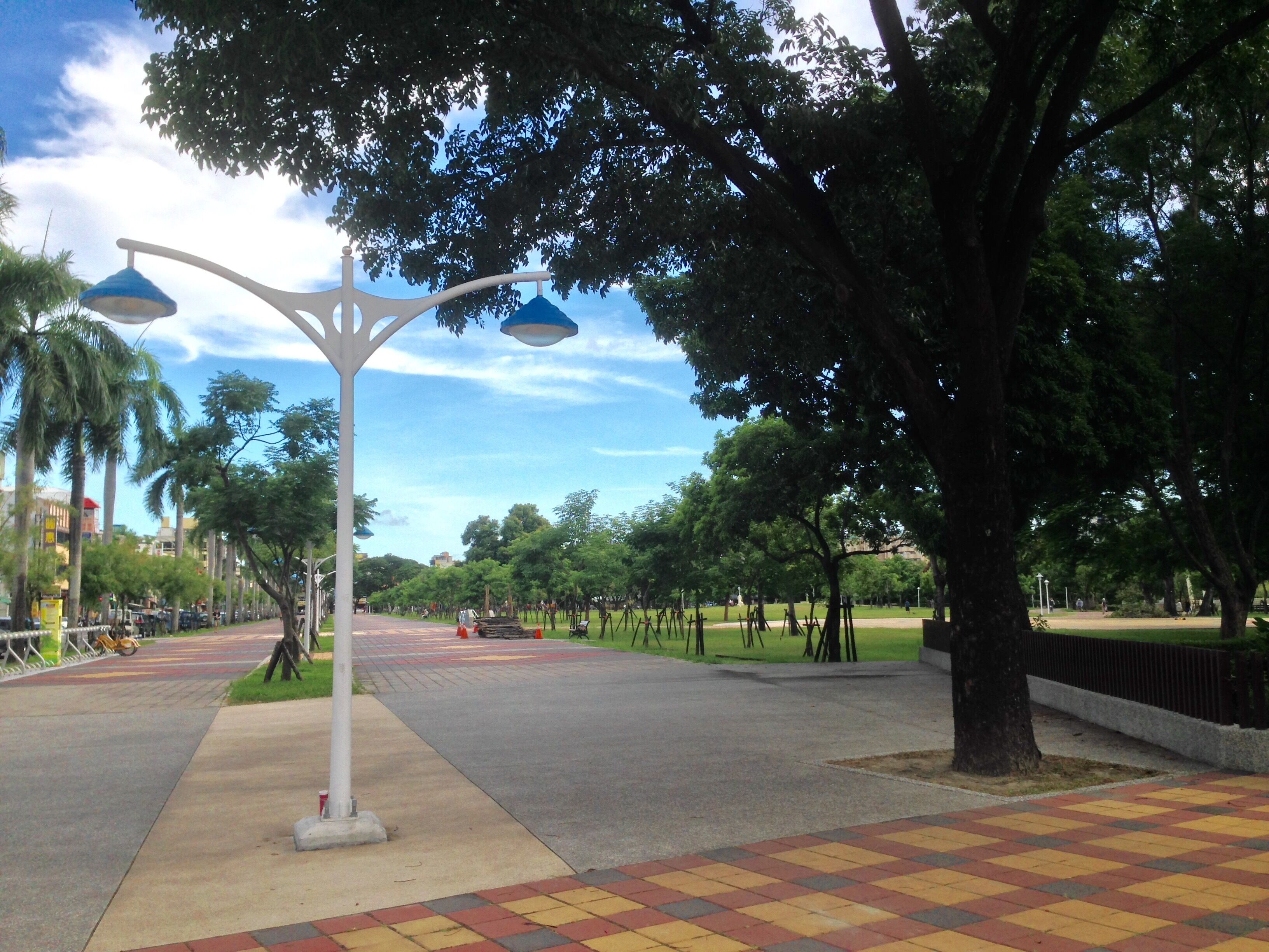 Um parque com um lampião branco, árvores e um caminho pavimentado.