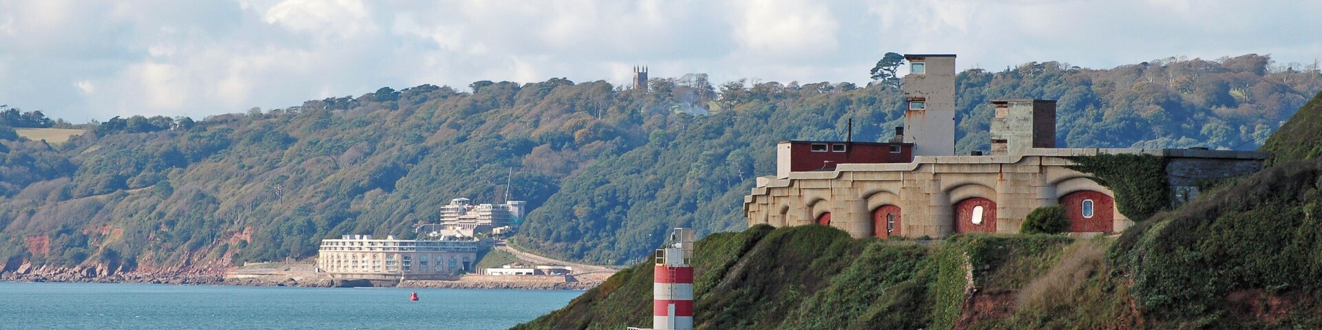 Two of the major forts built in the 1860s to protect Plymouth Sound from enemy ships: Fort Bovisand, on the Devon side of the Sound, is in the foreground. Fort Picklecombe, on the Cornish side is visible in the distance.
