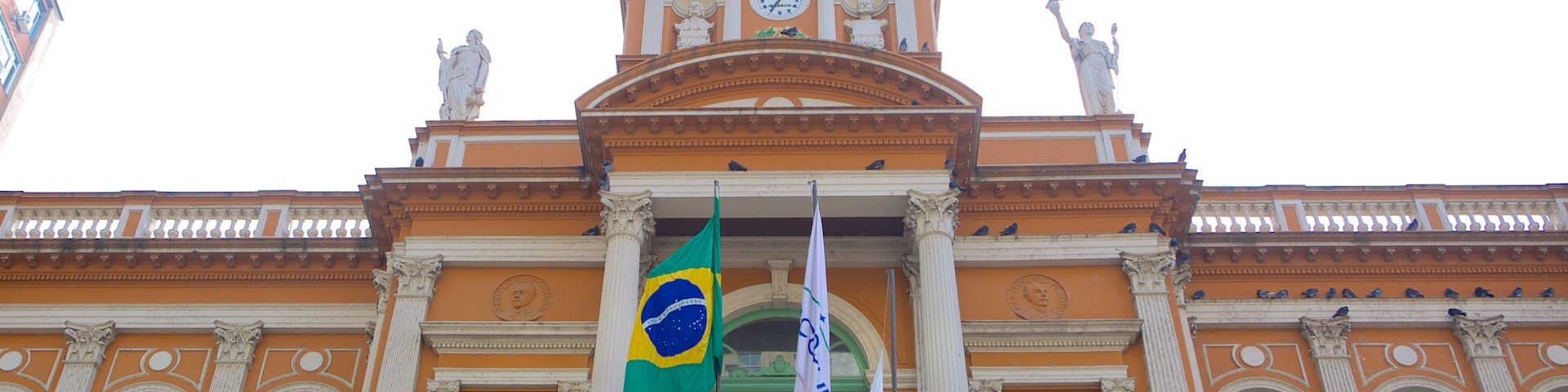 Um edifício imponente com torre do relógio, estátuas e bandeiras.