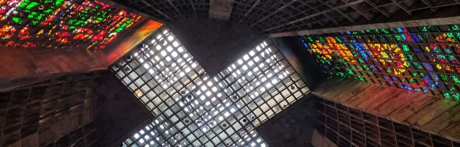 Unique architecture both inside and out. Amazing stained glass windows run the full length of the structure.