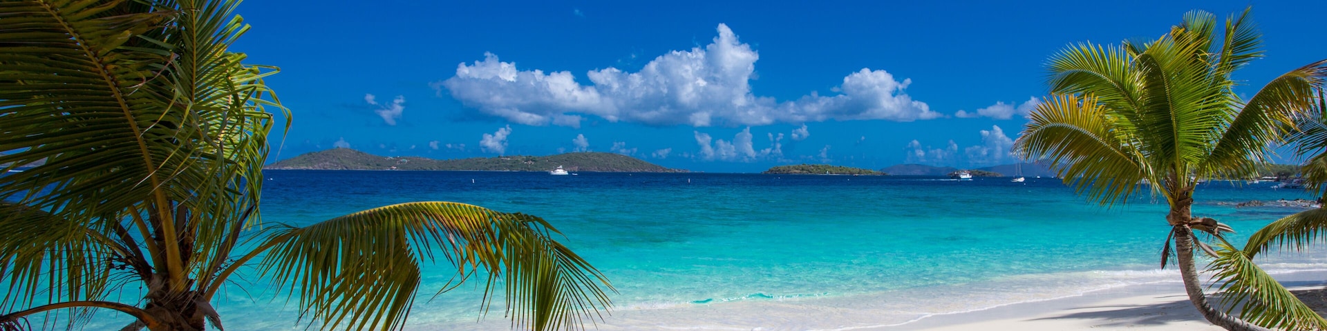 Uma praia com areia branca, água azul-turquesa e palmeiras sob um céu azul claro.