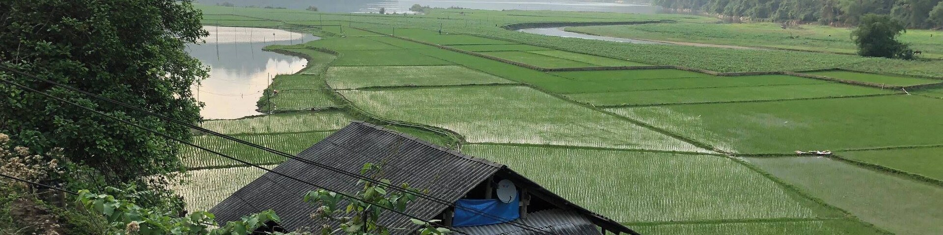 Paisagem rural com campos de arroz em socalcos, uma pequena casa com telhado de chapa metálica e um rio ao fundo.
