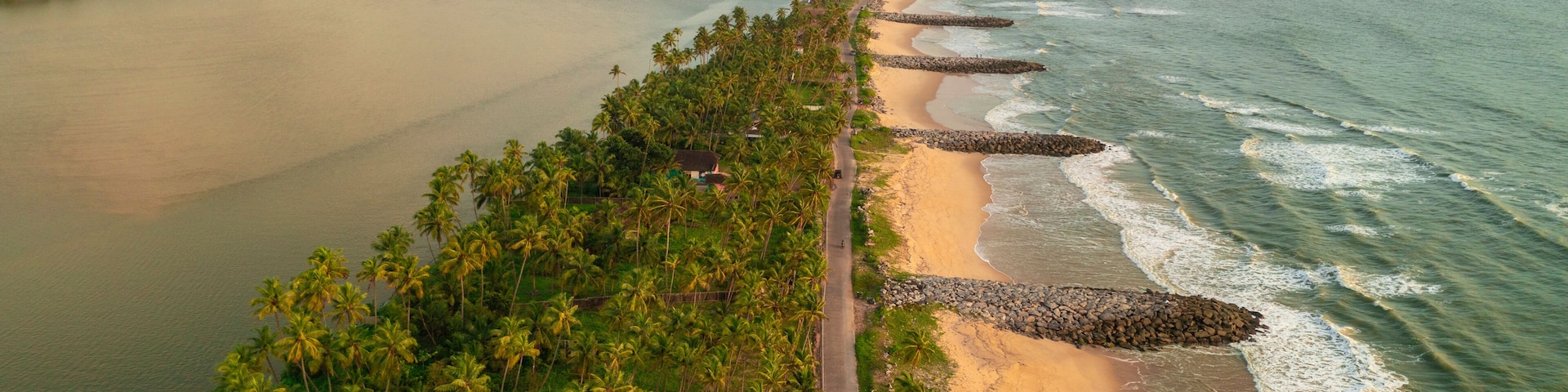 Paisagem costeira com uma praia de areia, palmeiras e mar calmo.