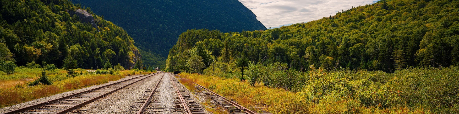 Trilhos de trem descendo em direção a um vale arborizado, com montanhas ao fundo.