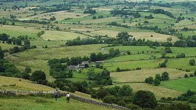 Colinas verdes e ondulantes, casas dispersas e muros de pedra numa paisagem rural.