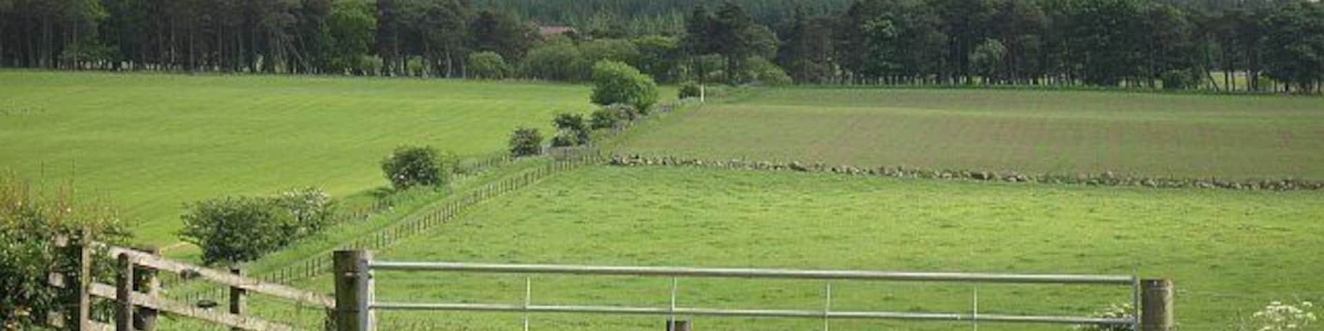 Farmland, Greenrig View southwards over the young River Almond from the B7066 at Greenrig.