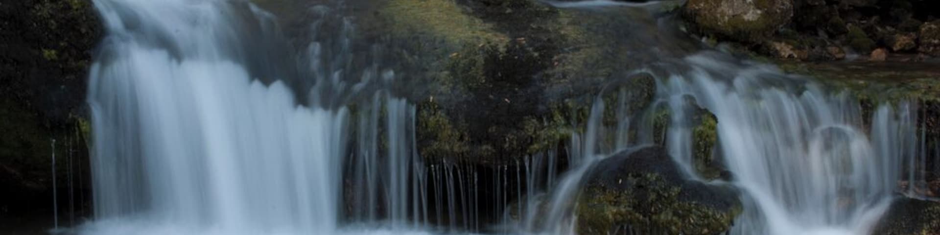 Uma cascata desce sobre rochas cobertas de musgo em uma área arborizada.