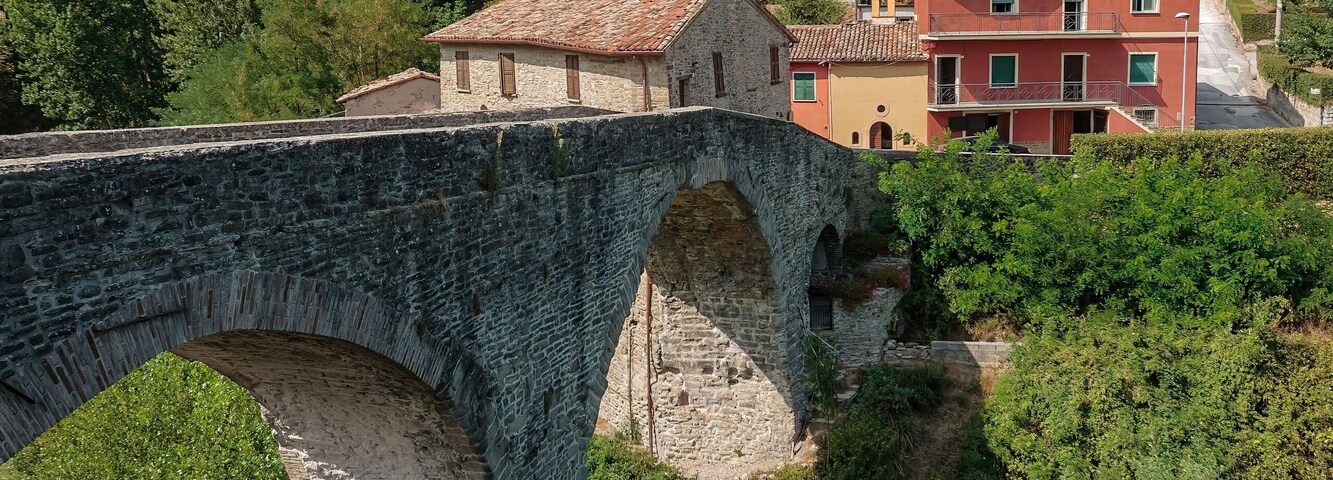 Uma ponte de pedra sobre um rio, rodeada por vegetação exuberante e edifícios.