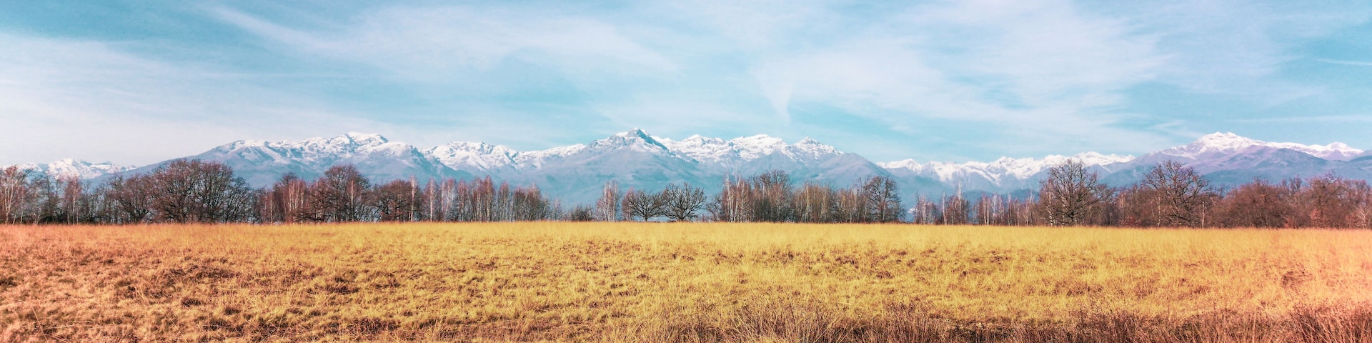Um campo com uma cordilheira ao fundo.