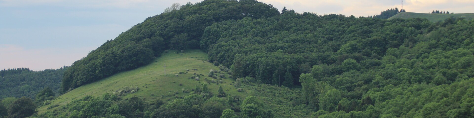 Blick vom Gebiet südlich von Abtsroda nordnordwestwärts zur Weiherkuppe. Rechts mit dem Funkmast der Weiherberg
