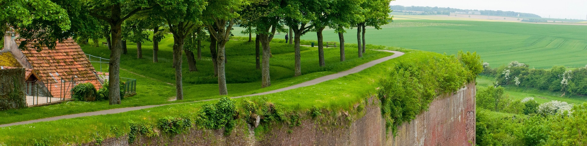 Um muro de tijolos com árvores e um caminho.