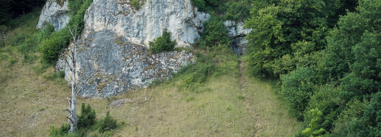 Der Ramenstein mit der Ramensteinhöhle bei Nattheim.