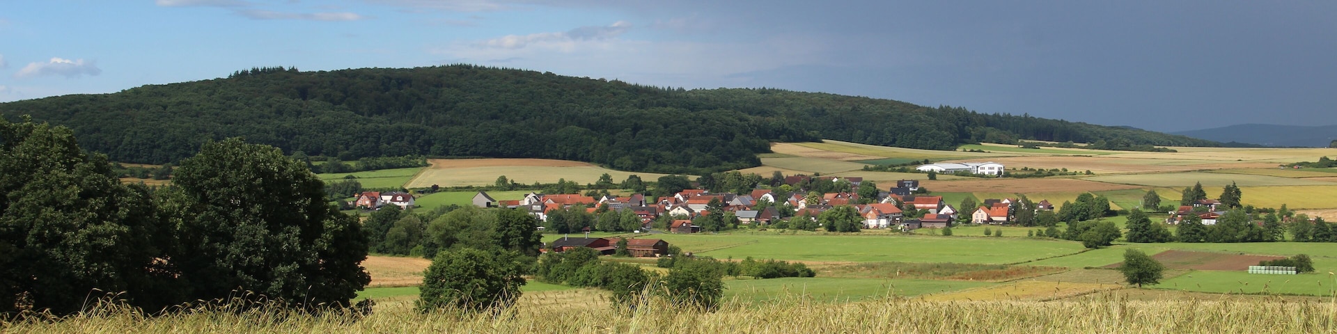 Paisagem rural com um campo de trigo, colinas onduladas e uma pequena aldeia com casas de telhado vermelho.