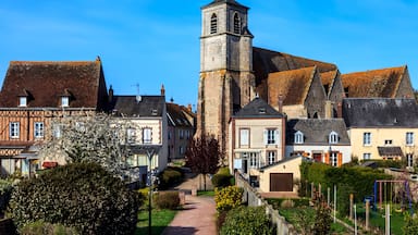 Uma igreja histórica com um campanário, rodeada por casas europeias tradicionais e um céu azul límpido.