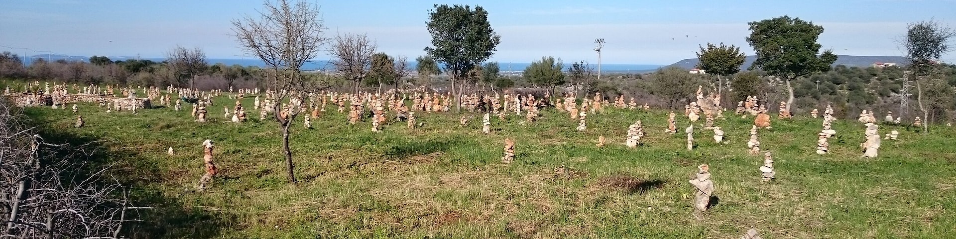 Um campo de montes de pedras em uma área gramada, com árvores e céu claro.