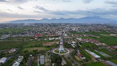 Vista aérea de uma cidade com uma torre imponente, campos verdes e montanhas ao fundo.