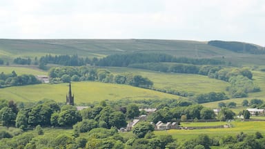 Paisagem rural com colinas ondulantes, uma igreja e algumas casas espalhadas.