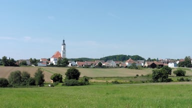 Uma vila rural com uma torre de igreja imponente, cercada por campos e casas.