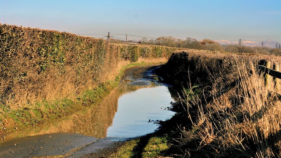 Flooded lane - Llancadle One of many single lane carriageways linking farms, hamlets and small villages in the rural Vale of Glamorgan.