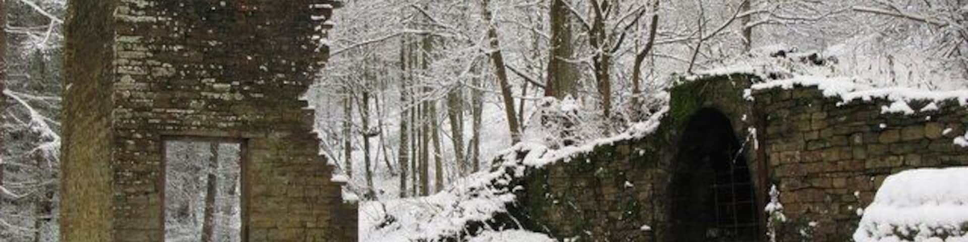 Uma estrutura de pedra coberta de neve numa floresta.