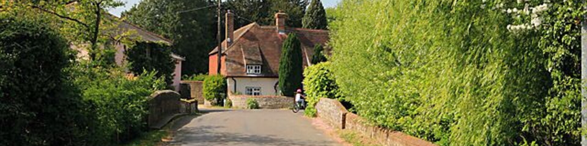 Uma estrada rural estreita ladeada por vegetação exuberante e casas tradicionais.