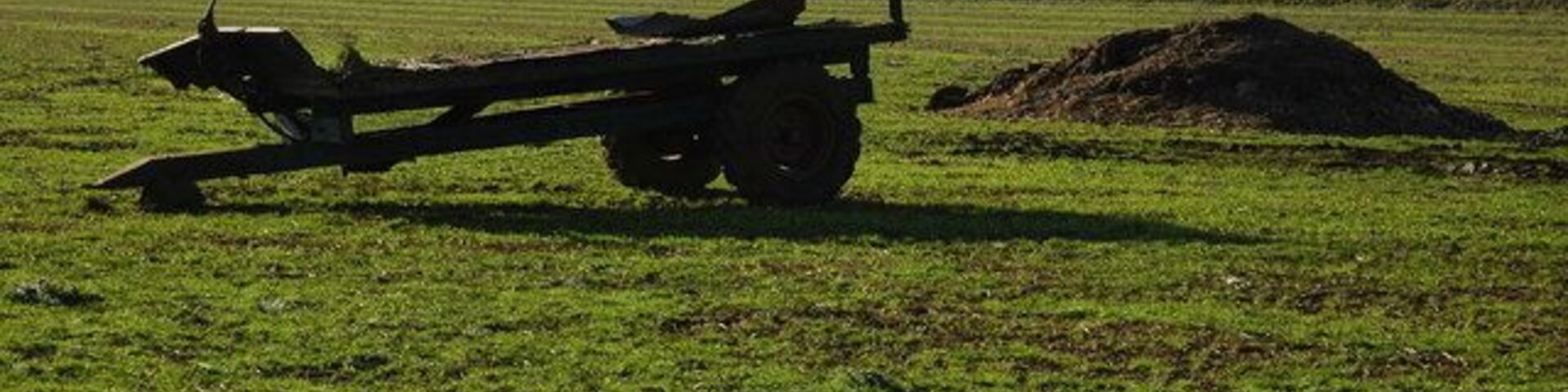 Trailer at Overton Farm, Cranham An old flat-bed trailer along side a muck bury near Overton Farm. The pine trees in the background line the driveway to Ebworth House.