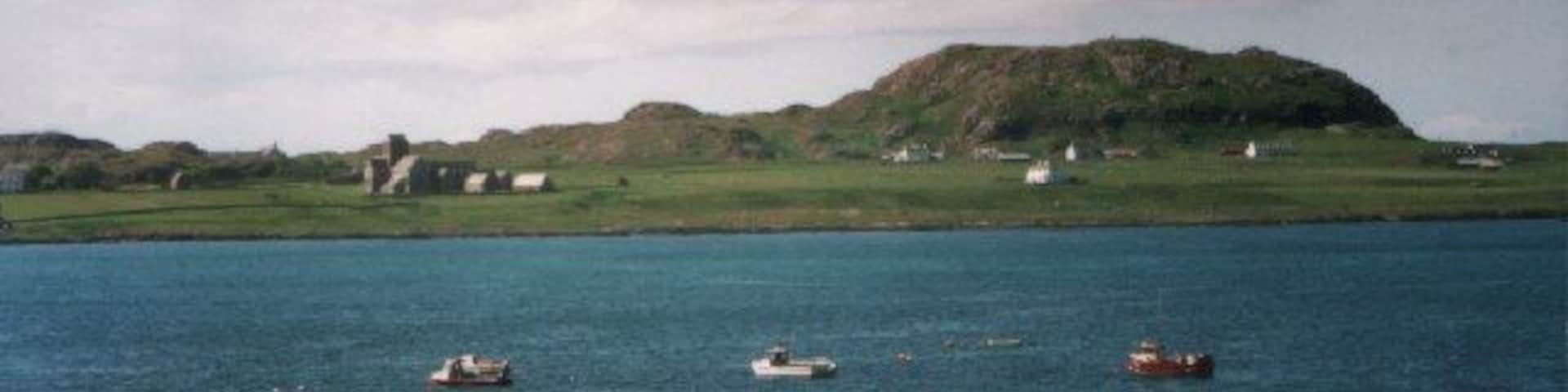 Paisagem costeira com uma colina, barcos na água e edifícios dispersos.