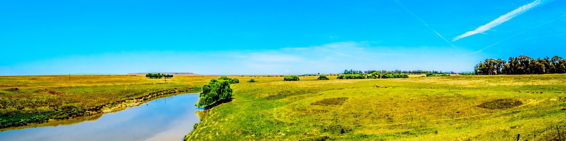 Um rio serpenteando por uma paisagem verde sob um céu azul límpido e árvores ao longe.
