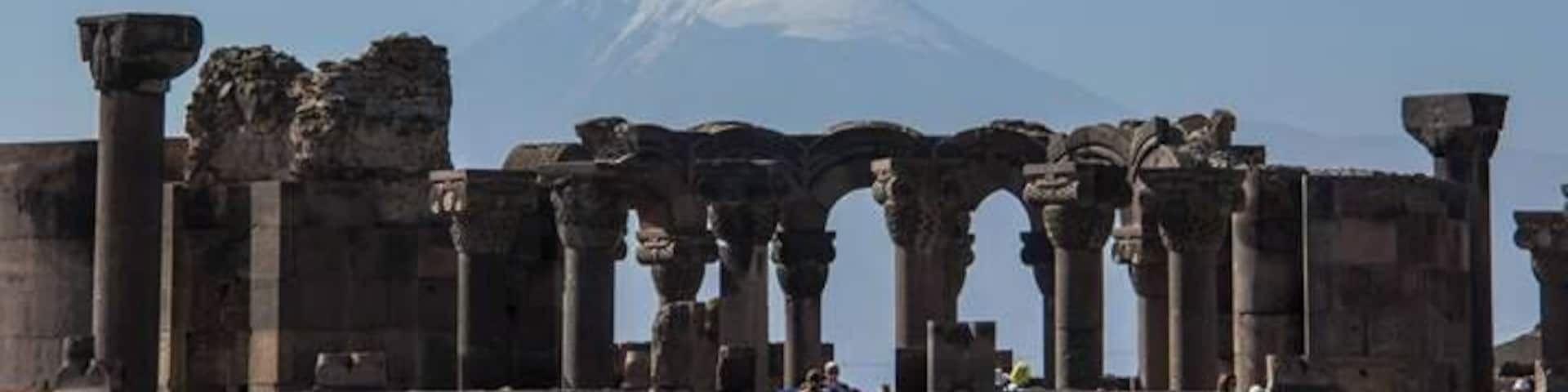 Zvartnots Ruins in Armenia with Mt Ararat in the background.